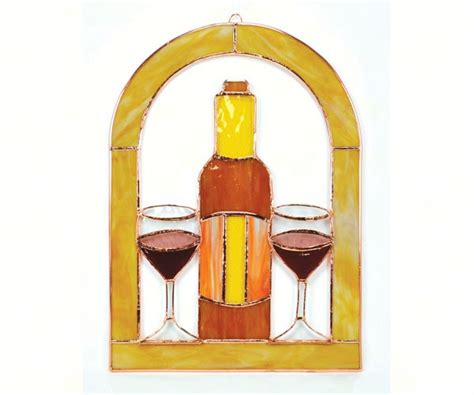 Stained Glass Small Wine Glasses And Bottle Cathedral Window Panel