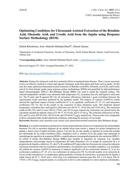 Pdf Optimizing Conditions For Ultrasound Assisted Extraction Of The Betulinic Acid Oleanolic