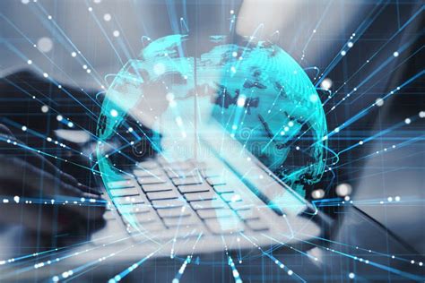 Close Up Of Female Hands Using Laptop Keyboard With Abstract Globe