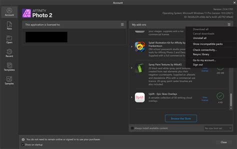 Account Window Does Not Show All Of My Add Ons All Affinity Apps V2 Bugs Found On Windows
