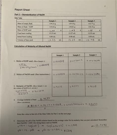 Solved Report Sheet Part Standardization Of NaOH Data Chegg
