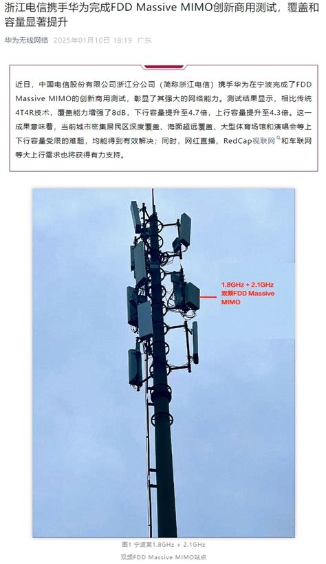 华为完成 Fdd Massive Mimo 创新商用测试，覆盖和容量显著提升