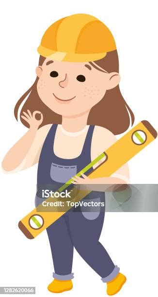 버블 레벨 도구를 가진 귀여운 빌더 하드 모자와 건설 도구 만화 스타일 벡터 일러스트와 파란색 바지에 어린 소녀 공사장 인부에