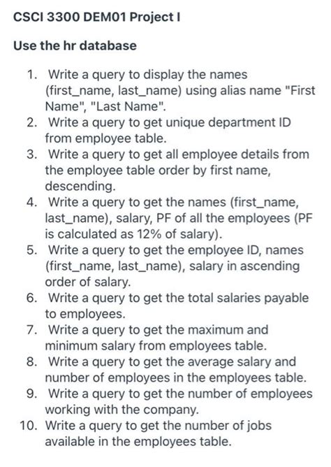 Solved CSCI 3300 DEM01 Project I Use The Hr Database 1 Chegg Com