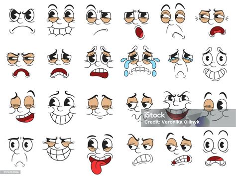 복고풍 만화 감정 얼굴 표정 1930 고무 호스 애니메이션 스타일 캐릭터 디자인에 대 한 파이 눈을 가진 재미있는 손으로 그린 만화 얼굴 고립 된 벡터 일러스트 레이 션