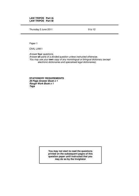 10009007 Civil Law I Tripos Part Iaib Exam Paper May 2011 Law Tripos