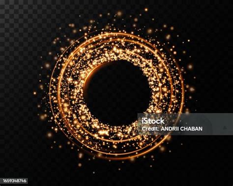 황금 네온 반지 황금빛 먼지와 빛의 작은 입자가 있는 둥근 모양 고립되고 투명한 배경에 반짝이는 프레임 곡선에 대한 스톡 벡터 아트 및 기타 이미지 Istock