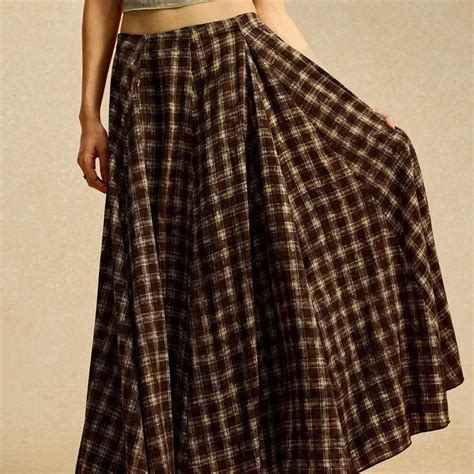 Skirts Mocha Brown Casual Womens Long Loose Plaid Skirt Poshmark