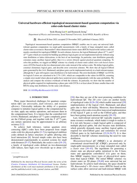 Pdf Universal Hardware Efficient Topological Measurement Based Quantum Computation Via Color