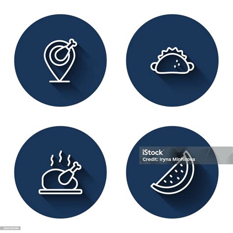 세트 라인 닭 다리 또띠아를 곁들인 타코 구운 칠면조 치킨 긴 그림자가 있는 수박 파란색 원 버튼입니다 벡터 가금류에 대한 스톡