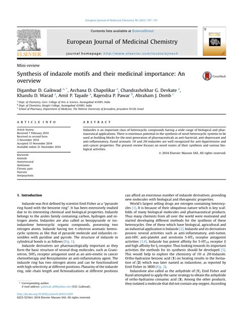 Pdf Cheminform Abstract Synthesis Of Indazole Motifs And Their Medicinal Importance An Overview