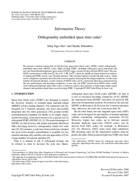 Pdf Information Theory Orthogonality Embedded Space Time Codes