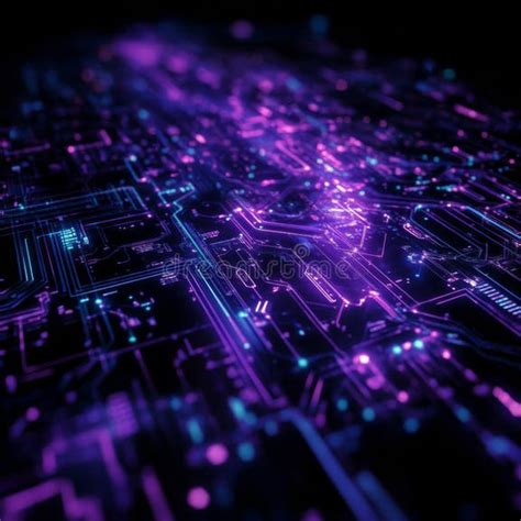 Futuristic Neon Circuit Board With Glowing Purple And Blue Pathways On Dark Background Stock