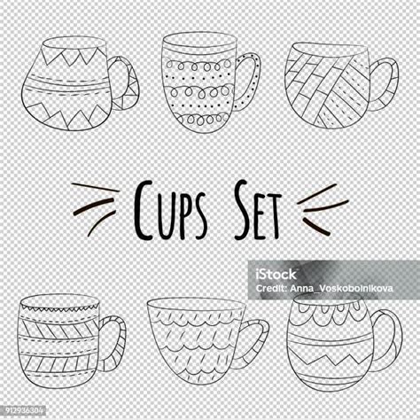 벡터의 차 커피 우유의 투명 컵 세트 스 칸디 나 비아 스타일에 손으로 그리는 채우기 없이 고립 된 단색 개체를 낙서 2018년에 대한 스톡 벡터 아트 및 기타 이미지