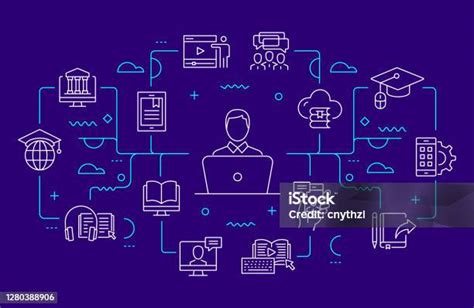 온라인 교육 및 E러닝 관련 웹 배너 라인 스타일 현대 선형 디자인 벡터 일러스트레이션 테크놀로지에 대한 스톡 벡터 아트 및