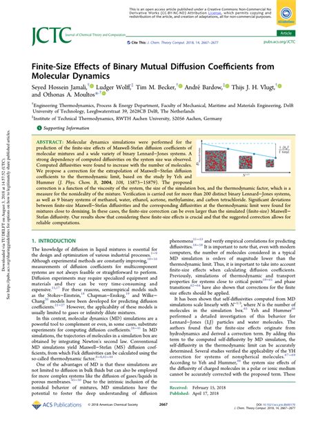 Pdf Finite Size Effects Of Binary Mutual Diffusion Coefficients From Molecular Dynamics