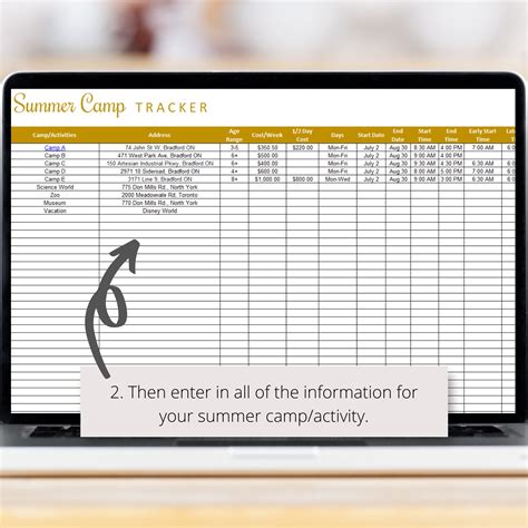 Summer Camp Planner Excel Spreadsheet Summer Camp Organizer Camp