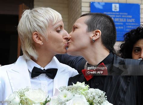 Russian Lesbian Couple Irina Fedotova And Irina Shapitko Kiss Outside