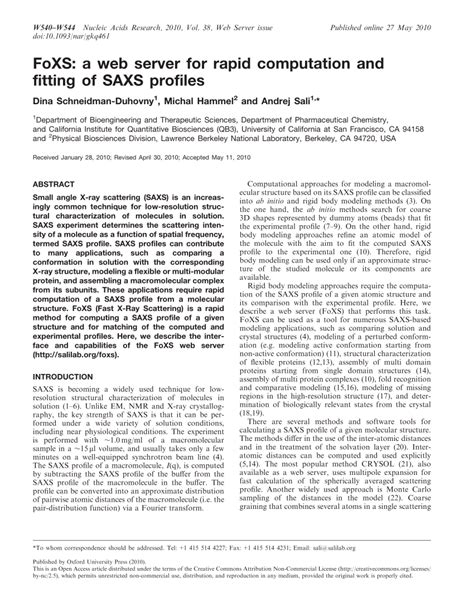 Pdf Foxs A Web Server For Rapid Computation And Fitting Of Saxs Profiles