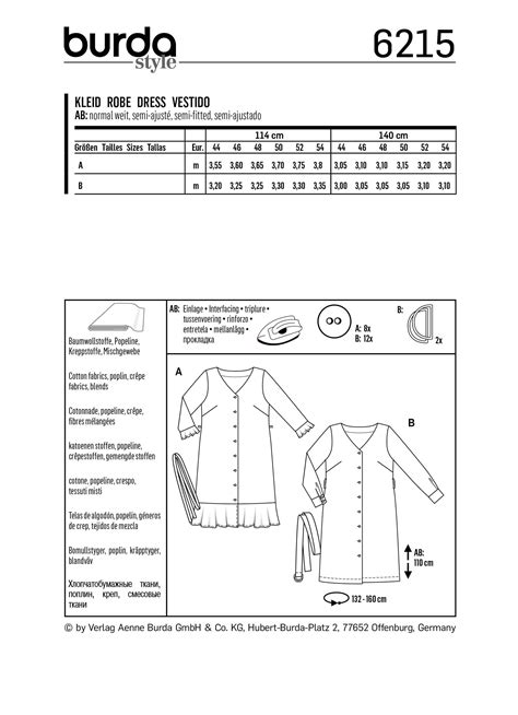 Burda Style Pattern 6215 Womens Dress With Button Fastening V Neck