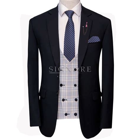 Contrast Customized 3 Piece Suit In Black Woolen Fabric Signore