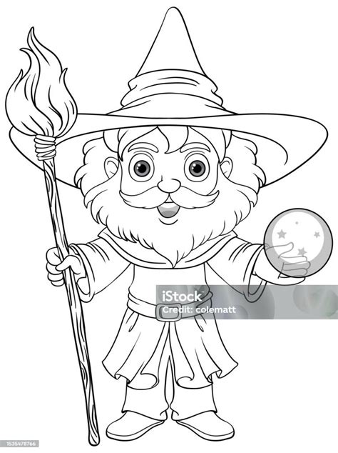 긴 수염 낙서가 달린 모자를 쓴 늙은 마법사 아이들을 위한 색칠 공부 페이지 귀여운에 대한 스톡 벡터 아트 및 기타 이미지