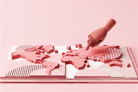 파스텔 핑크 톤의 기하학적 모양 플랫폼의 인간의 손 개념 추상적 인 구성과 세계지도 3d 렌더링 0명에 대한 스톡 사진 및 기타 이미지 Istock