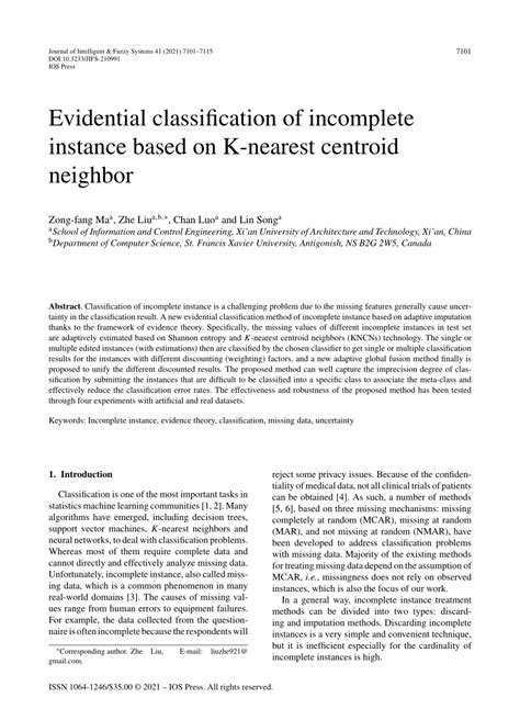 Pdf Evidential Classification Of Incomplete Instance Based On K Nearest Centroid Neighbor