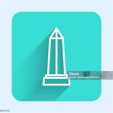 알렉산드리아의 흰색 선 오벨리스크 아이콘은 긴 그림자 배경으로 격리되어 있습니다 돌 기념물입니다 역사적인 기념물 높은 기둥 기념관과 기둥 녹색 사각형 버튼입니다 벡터 건설