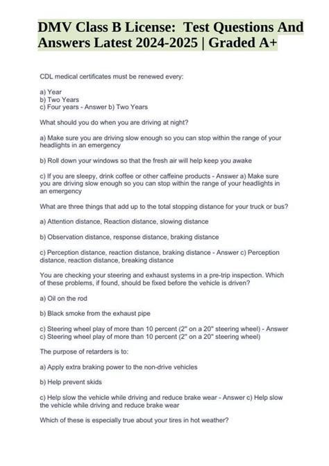 Dmv Class B License Test Questions With Correct Answers Latest Graded A Dmv Class B