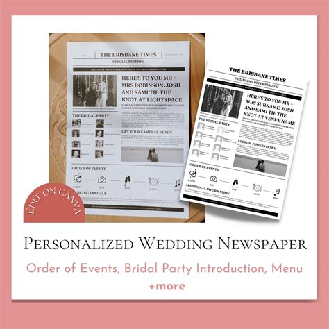 Wedding Day Newspaper Order Of Events Bridal Party Etsy