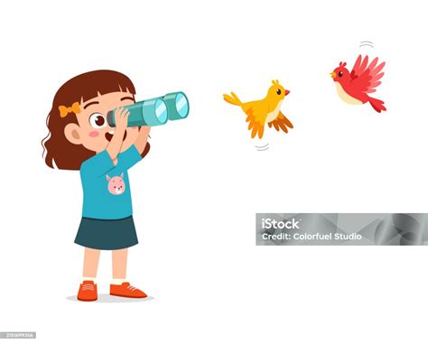 어린 아이는 쌍안경을 사용하여 새가 날아가는 것을 봅니다 아이에 대한 스톡 벡터 아트 및 기타 이미지 아이 탐험 감시