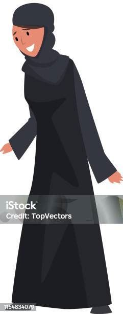 검은 드레스와 히 잡 웃는 아랍 소녀 전통 옷 벡터 일러스트 레이 션에 아름 다운 무슬림 여자 검은색에 대한 스톡 벡터 아트 및