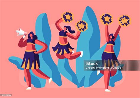 스포츠 맨을 지원하는 스포츠 이벤트 대회에서 메가폰을 울고 폼폰스와 함께 유니폼 댄스치리더 팀 경기장에서 공연하는 학생 소녀 캐릭터 만화 플랫 벡터 일러스트 경쟁에 대한