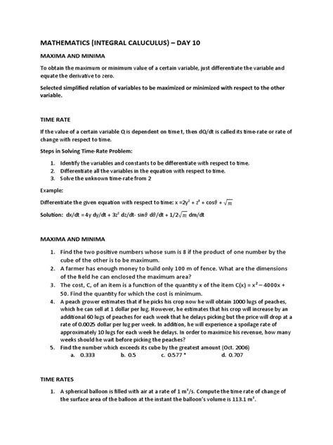 Maxima And Minima Time Rates And Integral Calculus Problems Pdf Maxima And Minima Area