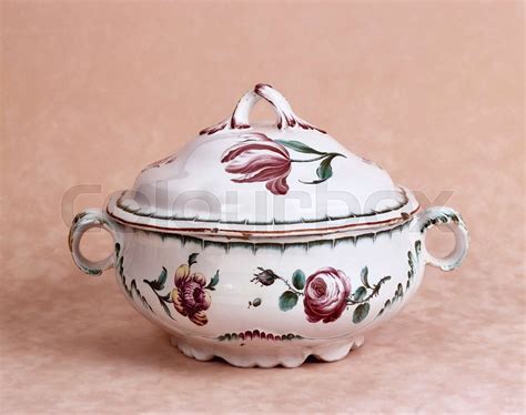 Antique Porcelain Tureen With Floral Scene In Colors Stock Image