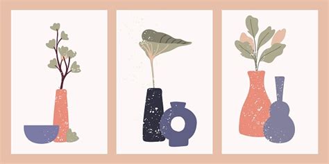 화병 세트의 추상적인 열대 잎 질감 트렌디 한 인테리어 포스터 또는 프린트와 자연 색상의 손으로 그린 식물 미니멀 리스트 구성