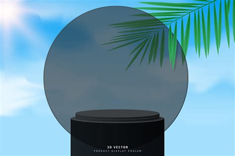 3d 푸른 하늘 구름과 태양 배경 검은색 3d 투명 유리 실린더 연단 받침대 또는 원형 유리 배경과 야자 코코넛 잎이 있는 제품 디스플레이 프레젠테이션 3d 기하학적 형태