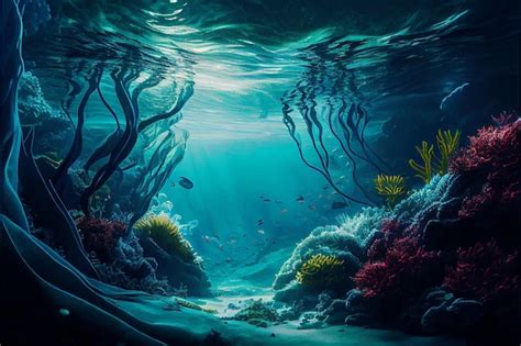 수중 세계 장면 산호초와 태양 광선 깨끗한 바다 Generative Ai 기술로 생성 프리미엄 사진