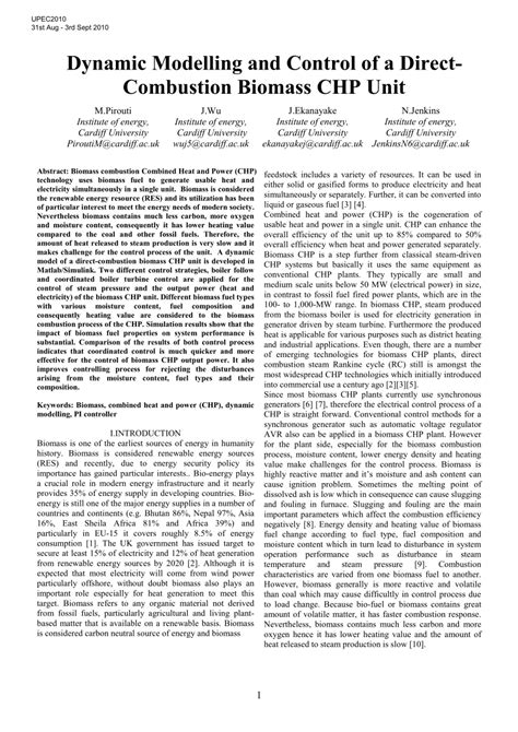 Pdf Dynamic Modelling And Control Of A Direct Combustion Biomass Chp Unit