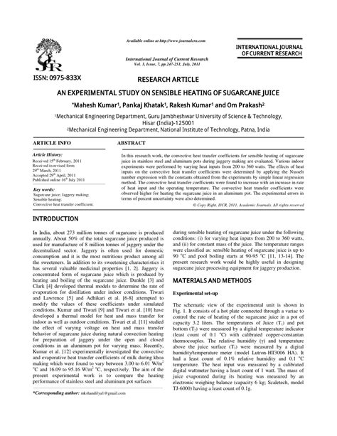 Pdf “convective Heat Transfer Enhancement By Internal Heating Of Sugarcane Juice” Asian
