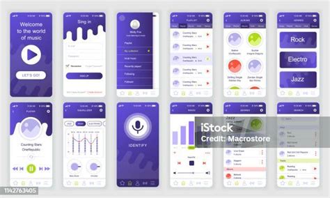 모바일 애플 리 케이 션을 위한 Ui Ux Gui 화면 음악 앱 평면 디자인 서식 파일의 집합 디자인에 대한 스톡 벡터 아트 및