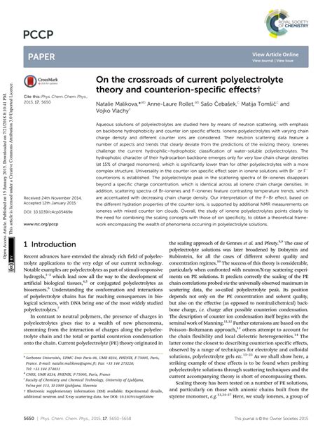 Pdf On The Crossroads Of Current Polyelectrolyte Theory And Counterion Specific Effects