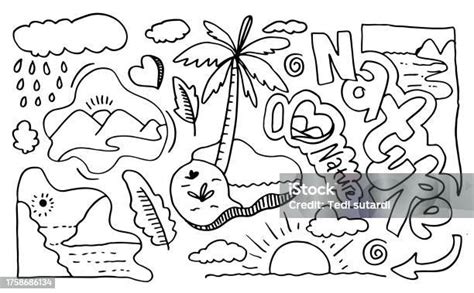 손으로 그린 언덕 태양 나뭇잎 구름 야자수 해변 및 기타 요소가 있는 자연 타이포그래피 자연의 다른 요소에 대한 웹 배너 벡터 일러스트 레이 션 0명에 대한 스톡 벡터 아트