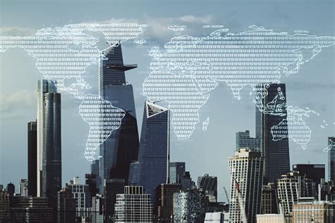 뉴욕 시 사무실 건물 배경 빅 데이터 및 블록 체인 개념에 추상적 인 디지털 세계지도 홀로그램의 이중 노출 광대한에 대한 스톡 사진 및 기타 이미지 Istock