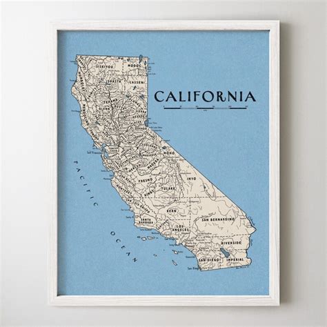 California Map Art Print Hand Drawn Style Blue Archival Wall Decor
