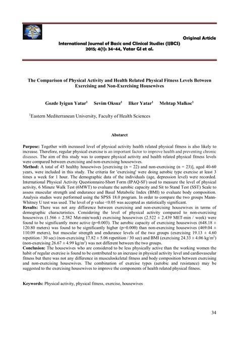 Pdf The Comparison Of Physical Activity And Health Related Physical Fitness Levels Between