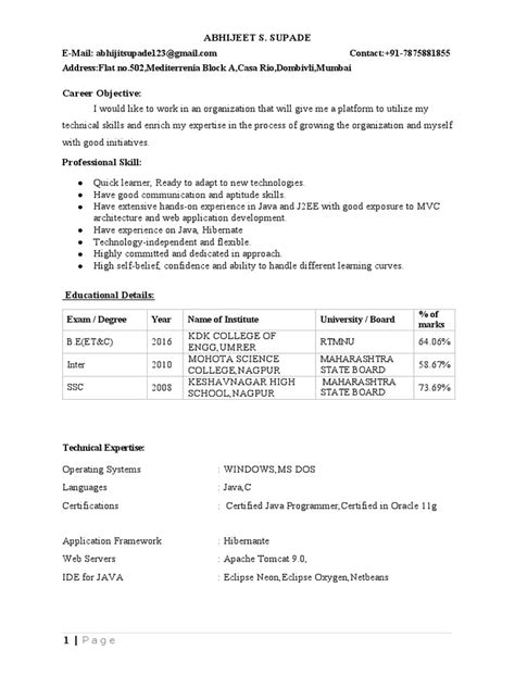 Java Fresher Resume 4 Pdf
