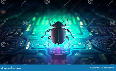 Neon Glowing Computer Bug Perched On Microchip Symbolizing Threat Of Software Bugs Stock Image