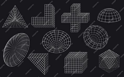 라인이 있는 복고풍의 미래형 기하학적 모양 원근 격자 형태의 와이어프레임 과학 기술 요소 세트 프리미엄 벡터